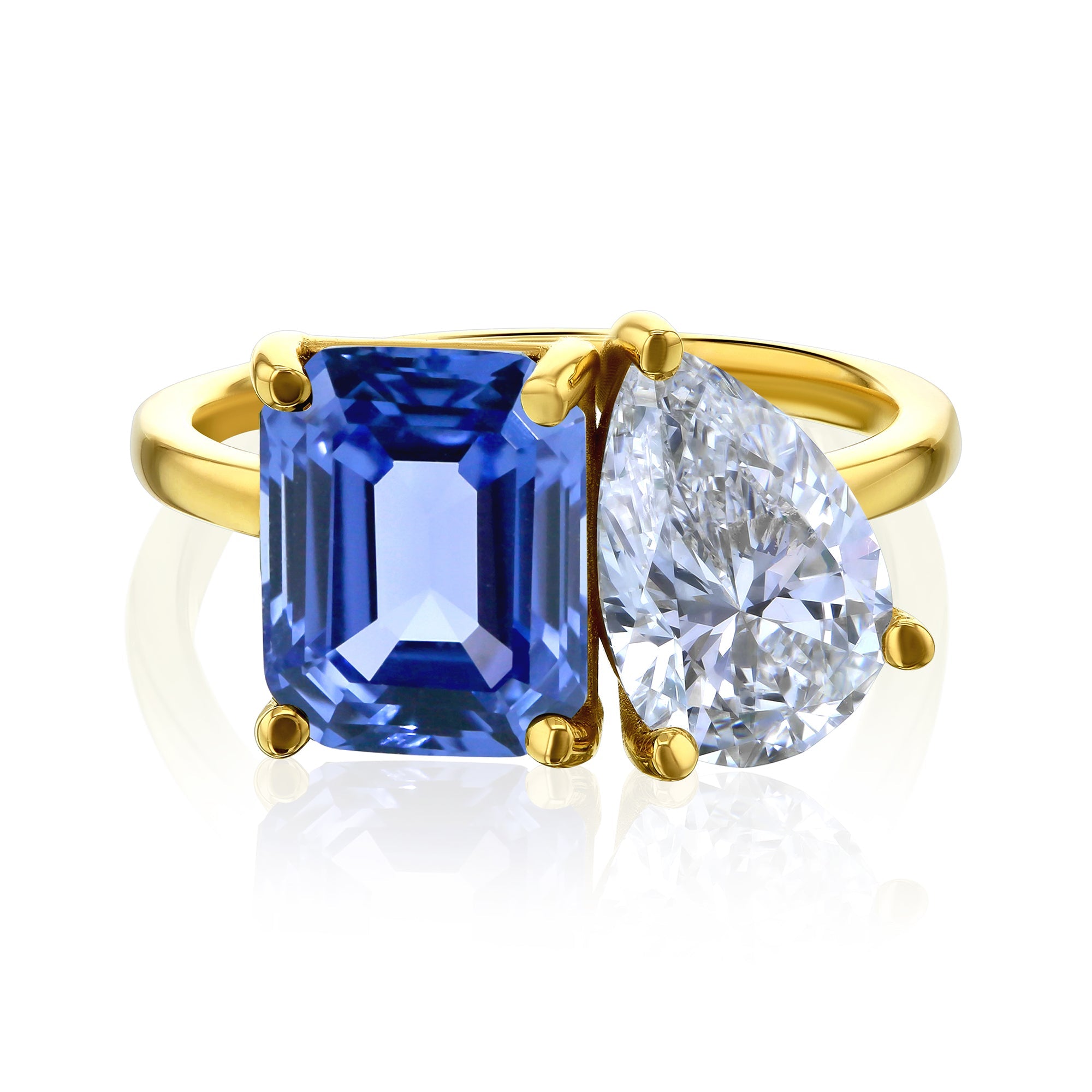 Pear White Diamond and Rectangular Blue Sapphire 2-Stone Ring in 14k ...