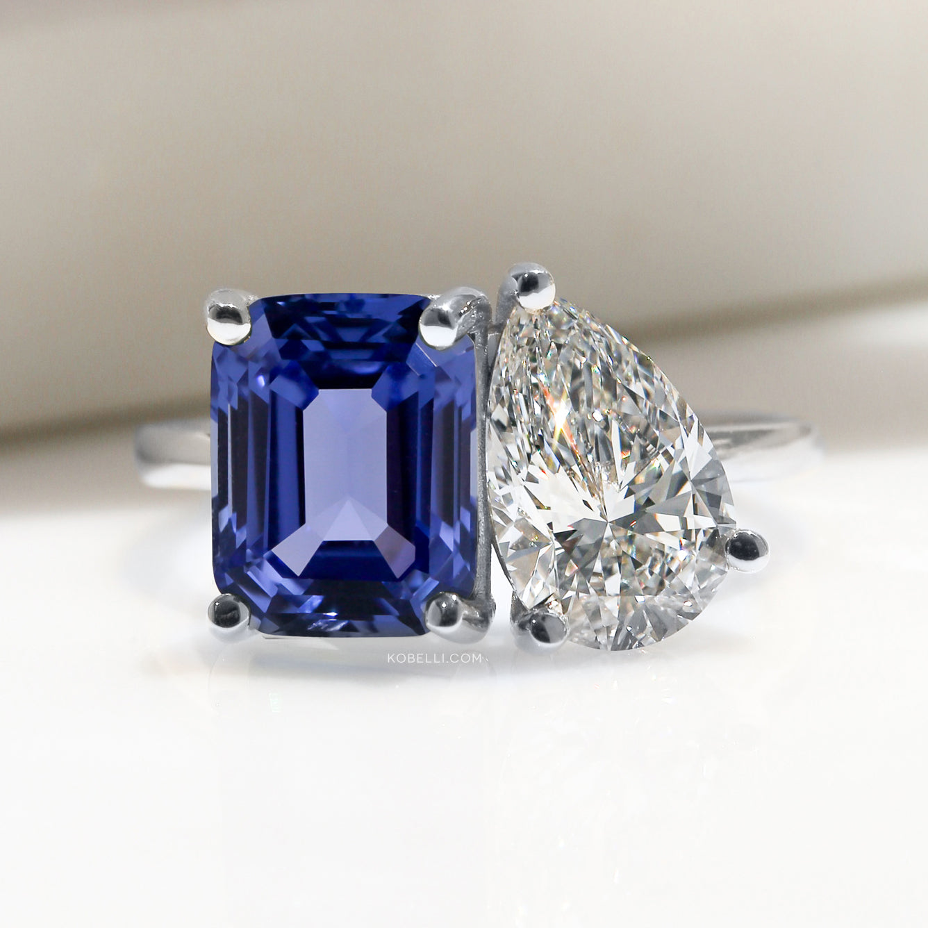 Pear White Diamond and Rectangular Blue Sapphire 2-Stone Ring in 14k ...