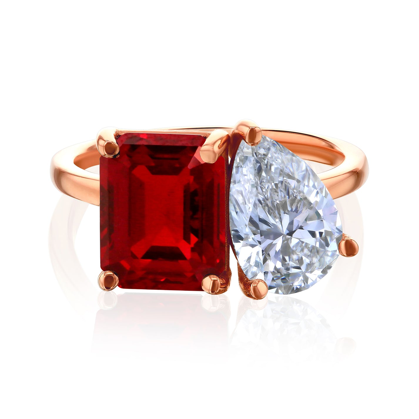 Rectangular Red Ruby and Pear White Diamond 2-Stone Ring in 14k Gold ...