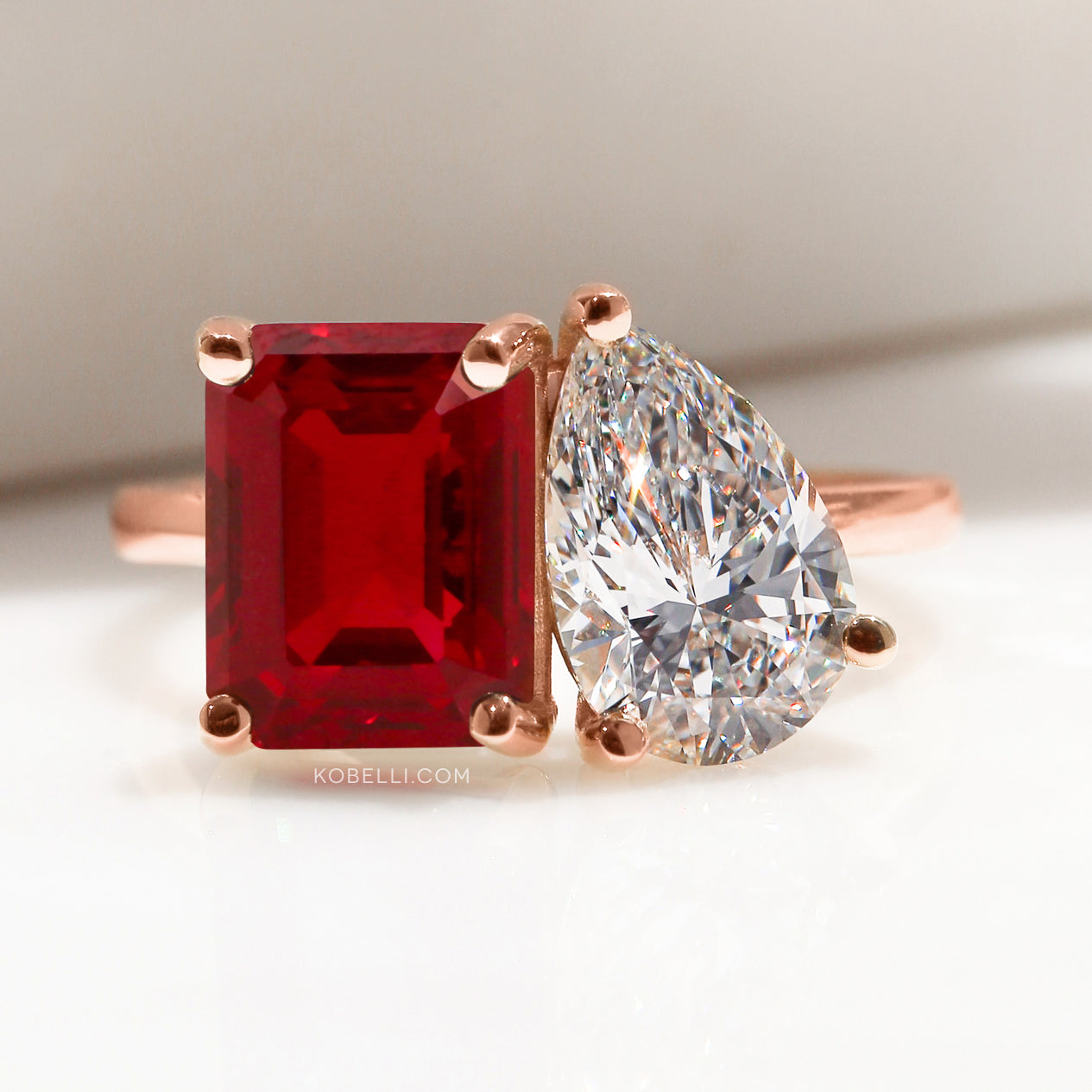 Rectangular Red Ruby and Pear White Diamond 2-Stone Ring in 14k Gold ...