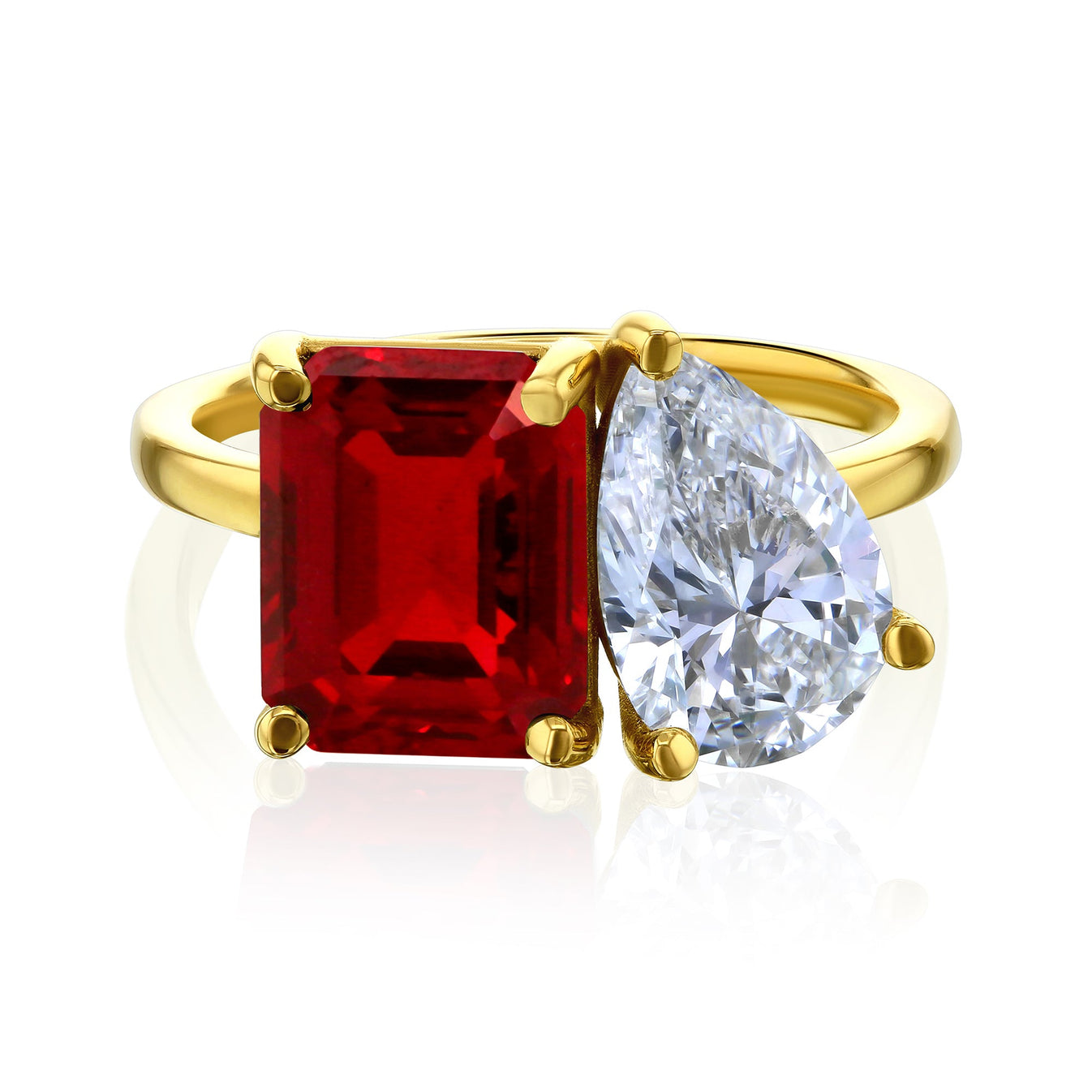 Rectangular Red Ruby and Pear White Diamond 2-Stone Ring in 14k Gold ...