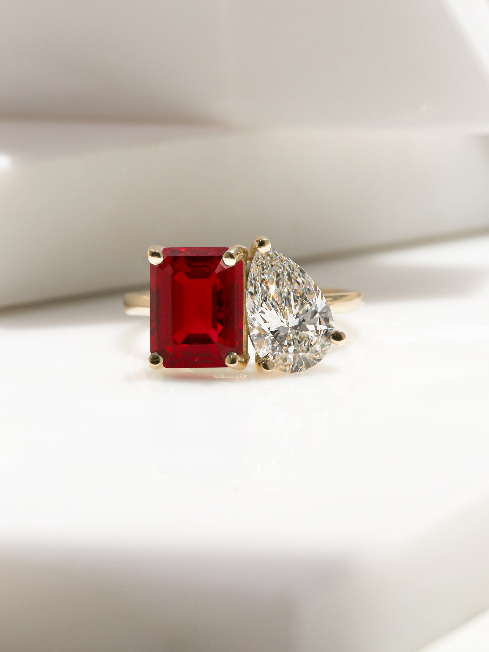 Rectangular Red Ruby and Pear White Diamond 2-Stone Ring in 14k Gold ...