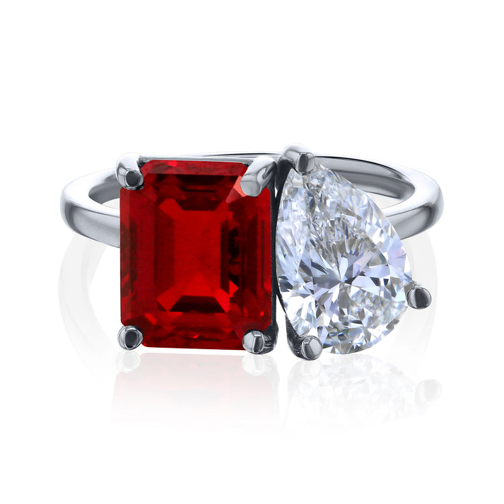 Rectangular Red Ruby and Pear White Diamond 2-Stone Ring in 14k Gold ...