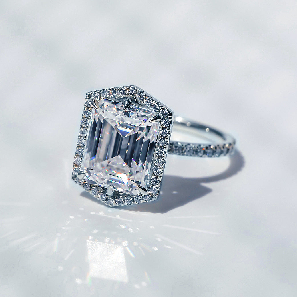 5.45ctw Statement Sized Hexagon Halo - 4.90ct Round Moissanite & 0.55ct ...
