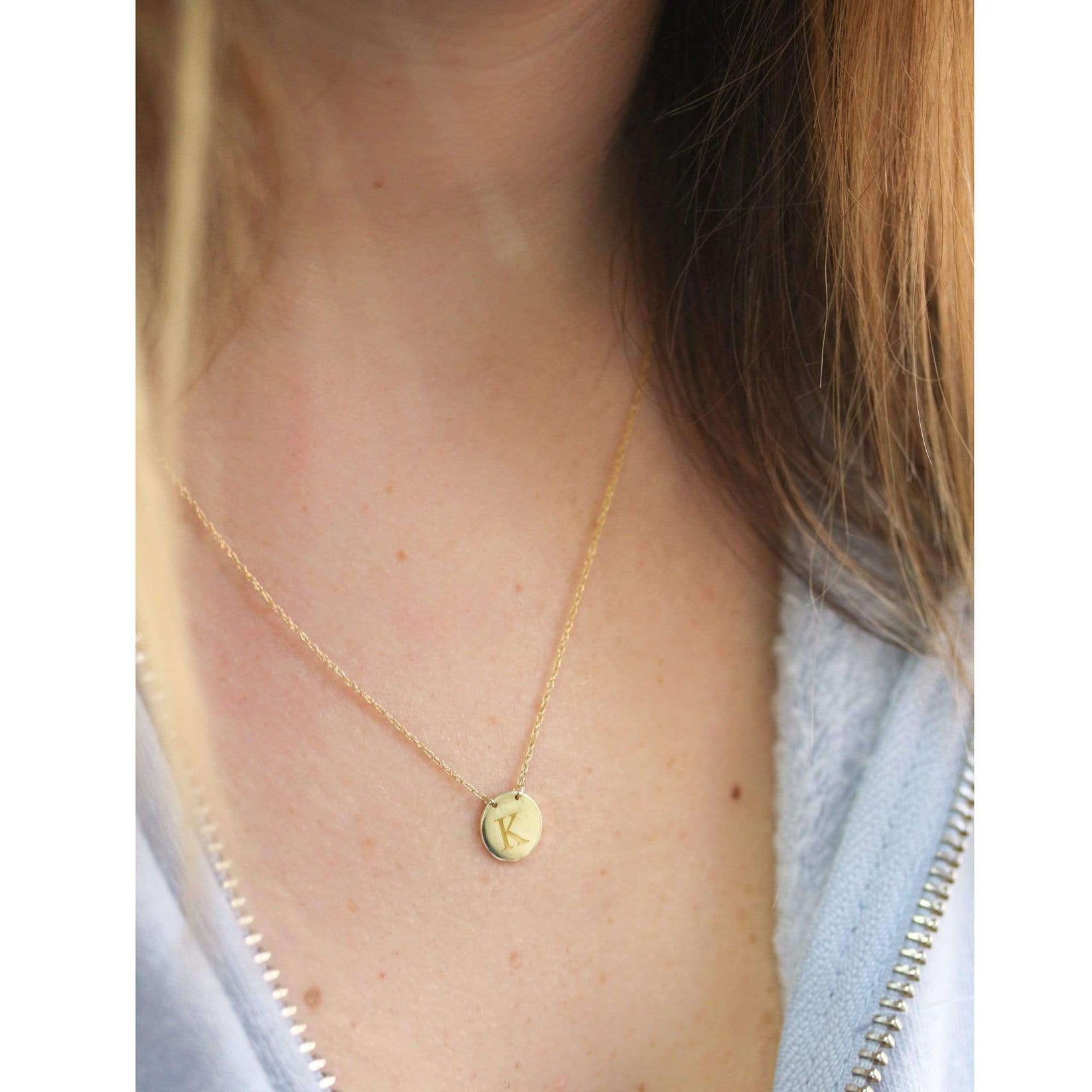 Personalized Mini Round Disk Initial Pendant 14k Gold (18" Adjustable ...