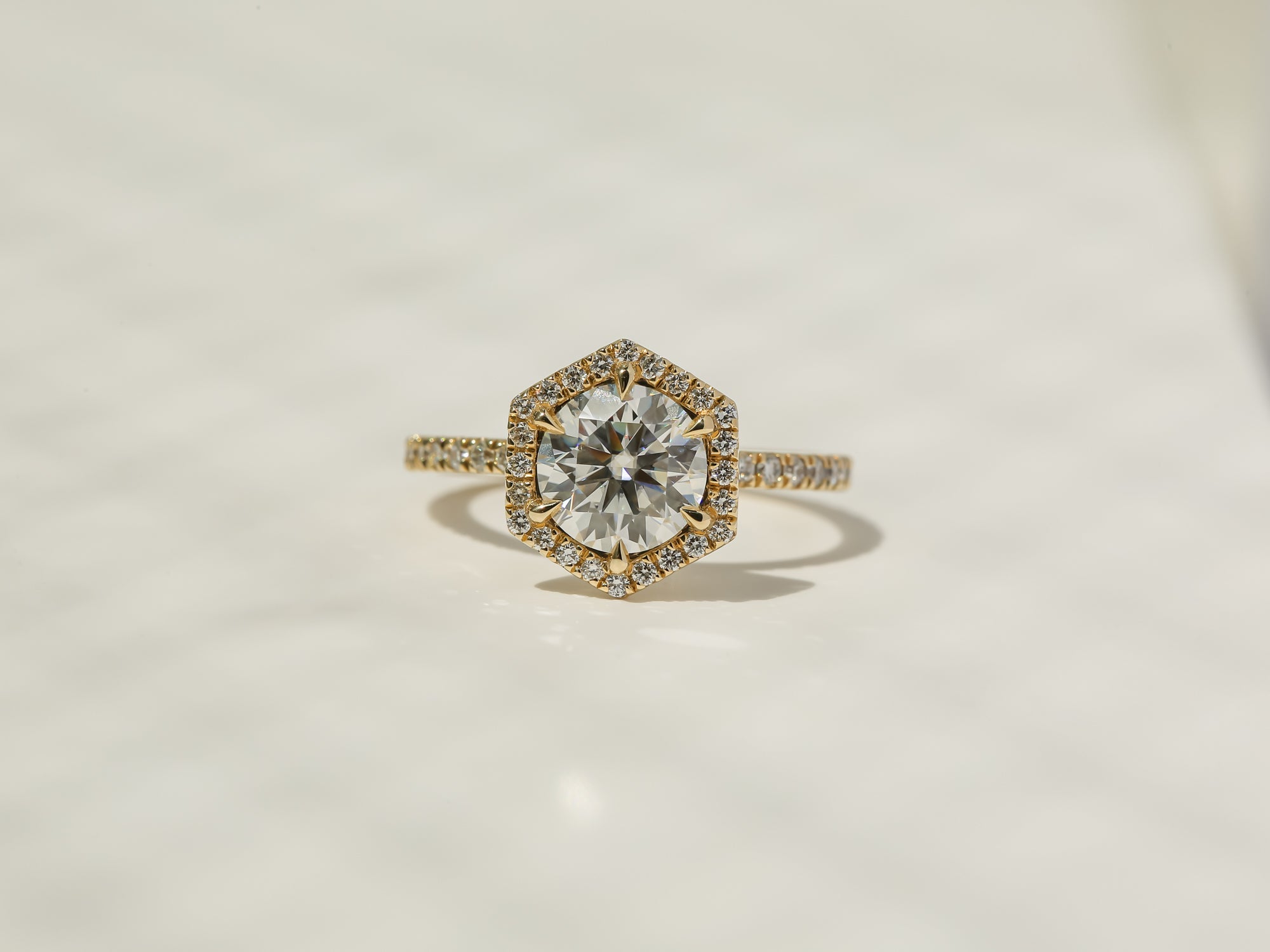 2ctw Hexagon Halo - 1.5ct Round Moissanite & 0.5ct Diamond Vintage ...
