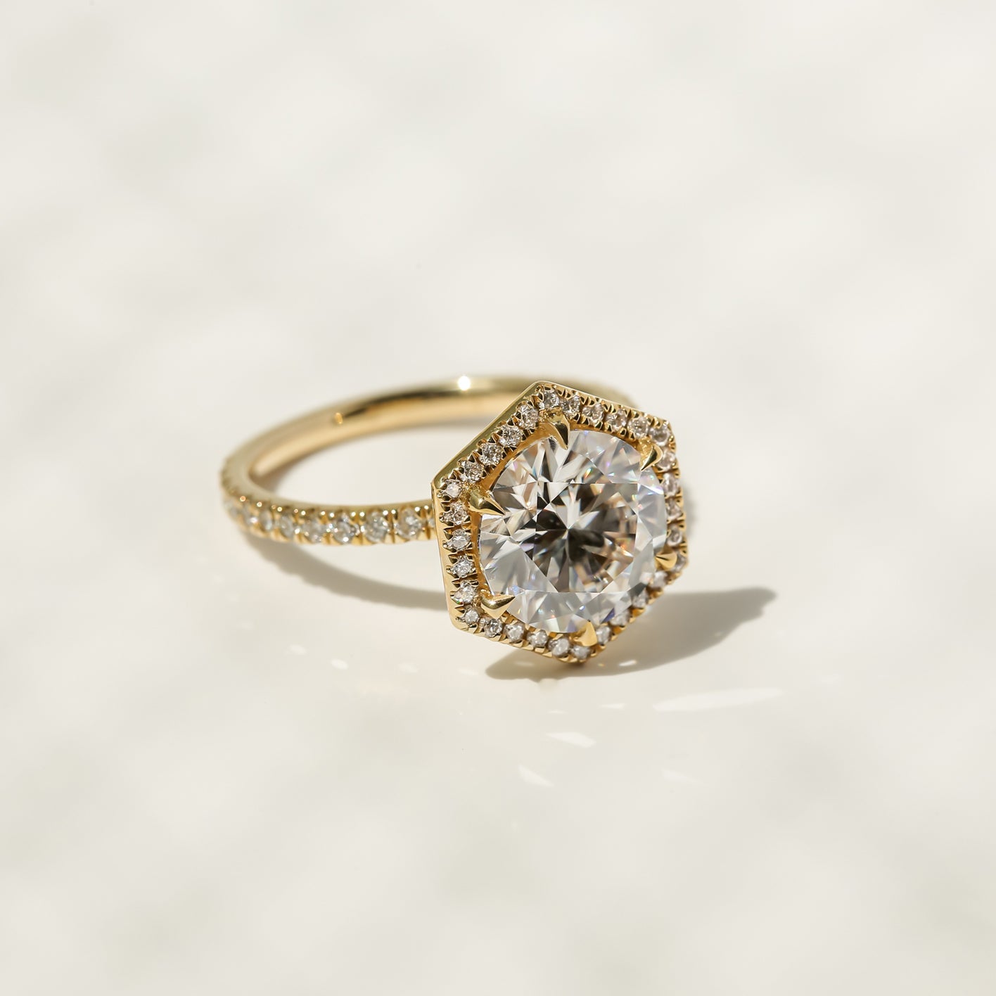 3.6ctw Extra Large Hexagon Halo - 3.1ct Round Moissanite & 0.50ct ...